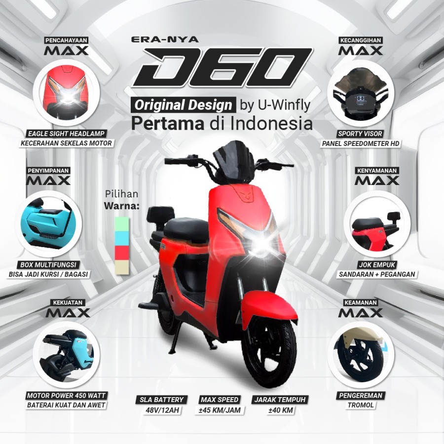 Jual Sepeda Motor Listrik Uwinfly D60 Terbaru 2024 450W Merah EV Electric Vehicle Modern ...