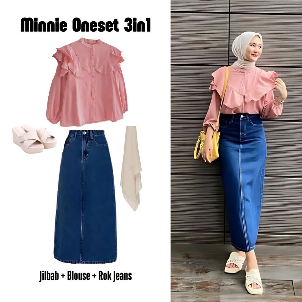 Jual One set 3in1 baju atasan blouse ruffle rempel dusty rok jeans panjang denim jilbab bella ...