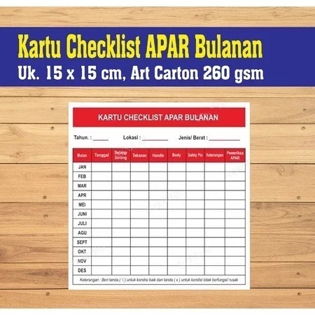 Jual Kartu Checklist l Ceklis APAR Bulanan Uk. 15 x 15 CM | Shopee ...
