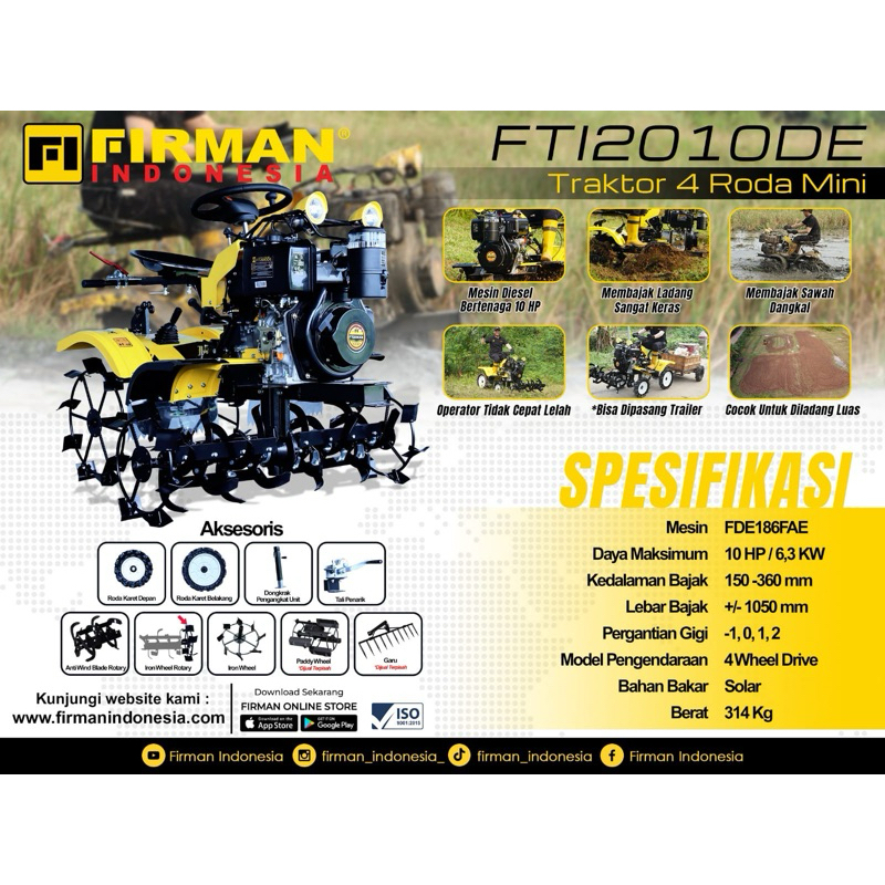 Jual Mesin Traktor Mini 4 Roda FIRMAN FTI2010DE DIESEL 10HP / Mesin ...
