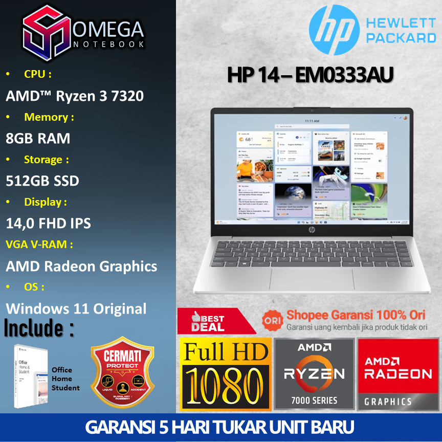Jual HP Laptop 14 EM0333AU | EM0332AU Ryzen 3 7320 8GB 512GB Radeon 14 ...