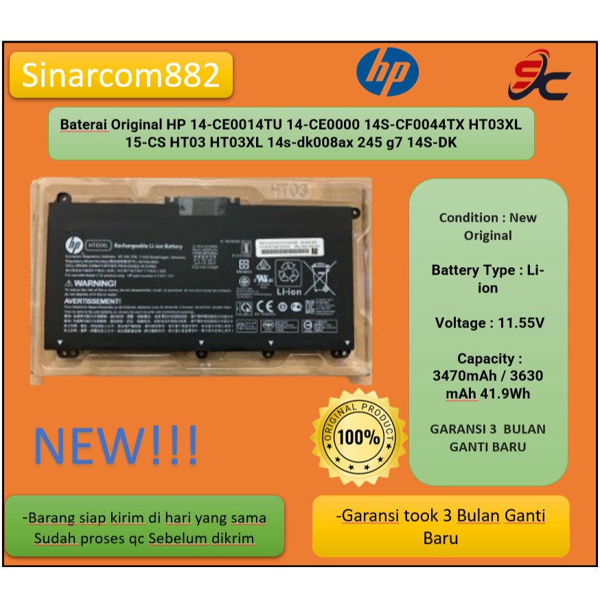 Jual Baterai Original HP 14-CE0014TU 14-CE0000 14S-CF0044TX HT03XL 15 ...