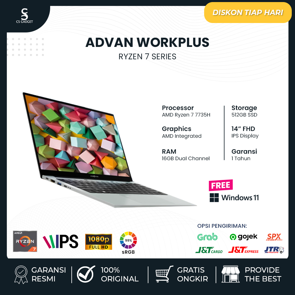 Jual ADVAN Laptop WorkPlus AMD Ryzen 7 7735HS RAM16/ SSD 512GB W11 14"FHD+ IPS | Laptop Advan ...