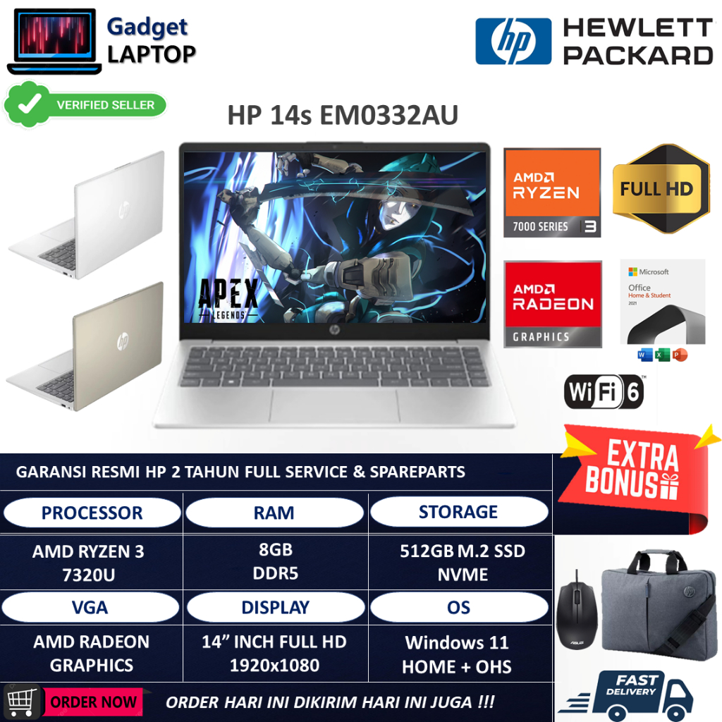 Jual Laptop Hp 14 EM0332AU Amd Ryzen 3 7320U 8GB DDR5 512GB 14 Inch ...