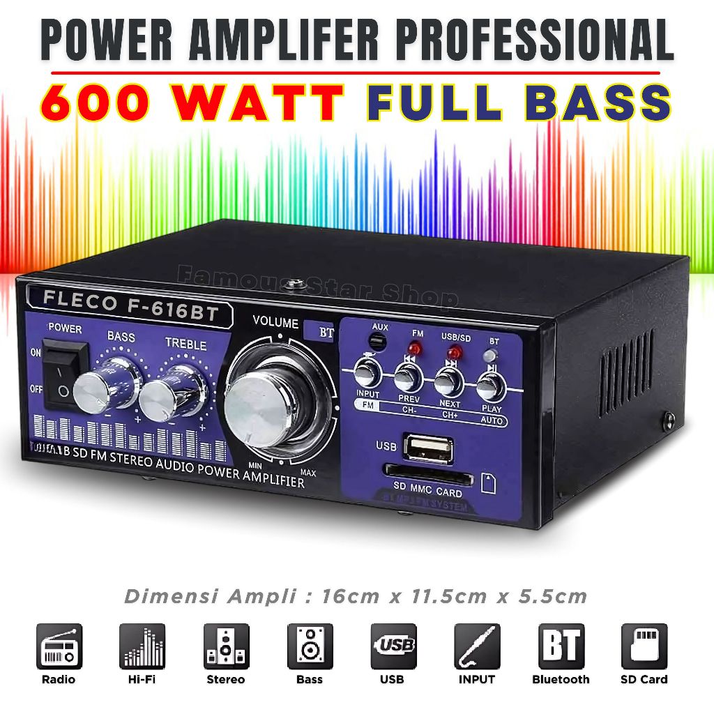 Jual Amplifier Daya 600 Watt Full Bass Fleco F-616BT Audio Penguat ...