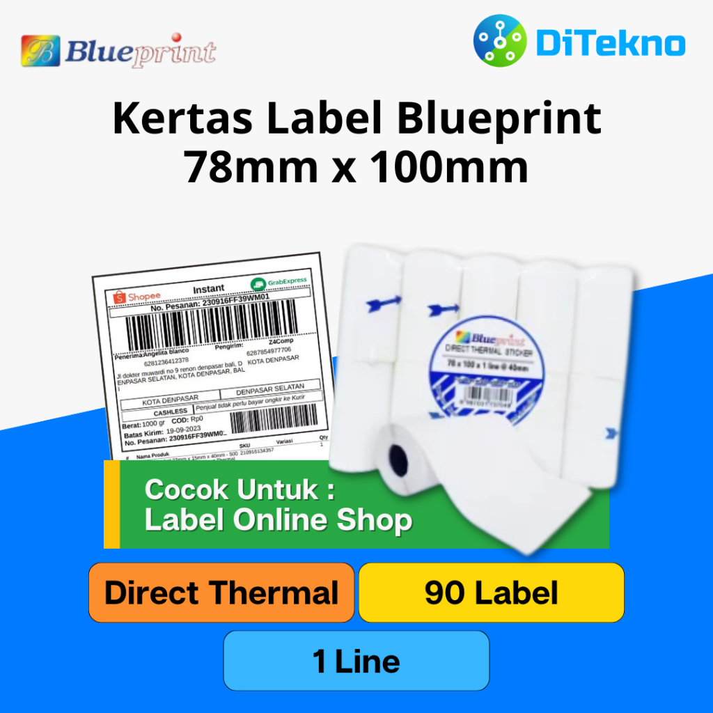 Jual Blueprint Kertas Label Direct Thermal 78x100 90 PCS 1 Line Stiker ...
