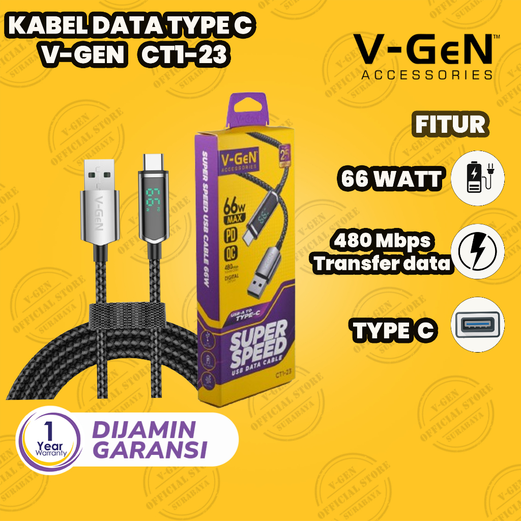 Jual Kabel Data V-GeN CT1-23 Super Fast Charging 66W Max PD QC 480Mbps Data Transfer Digital ...