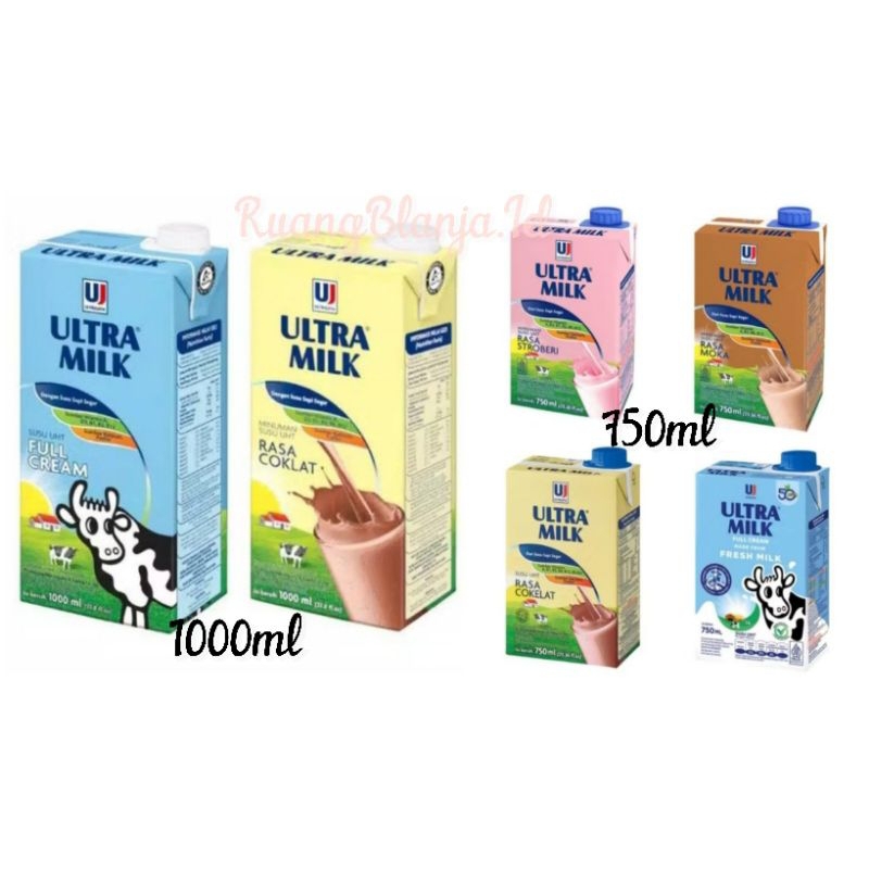 Jual Susu Ultra Milk Full cream kotak coklat - plain 1000ml - 750ml / 1L strawberry | Shopee ...