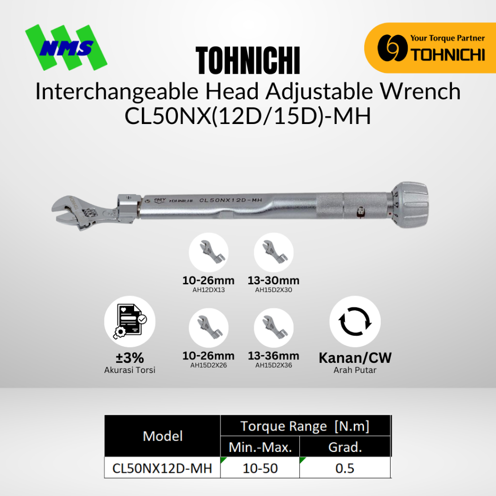 Jual Kunci Torsi Inggris TOHNICHI CL50NX12D-MH Torque Adjustable Wrench reparasi AC Refrigeran ...
