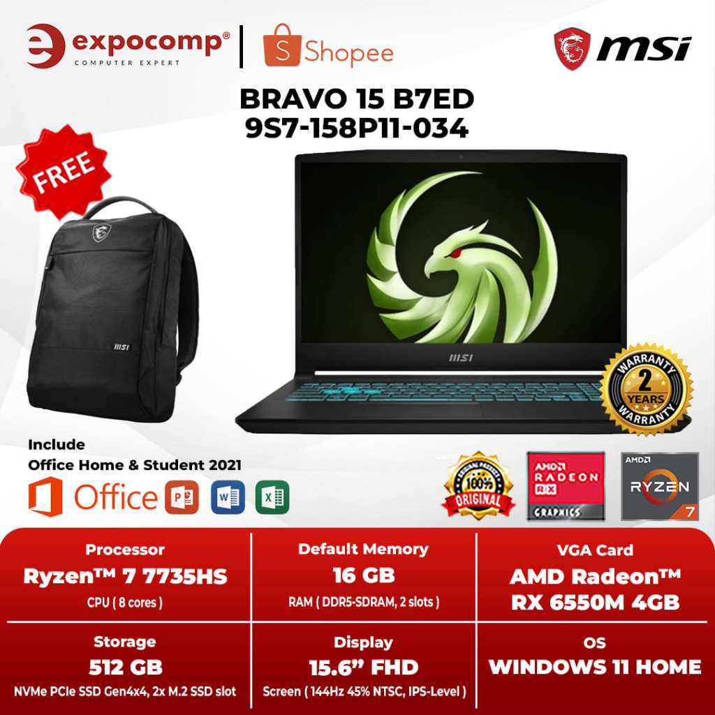 Jual MSI BRAVO 15 B7ED 9S7-158P11-034 AMD RYZEN 7 7735HS RX6550M 16GB ...