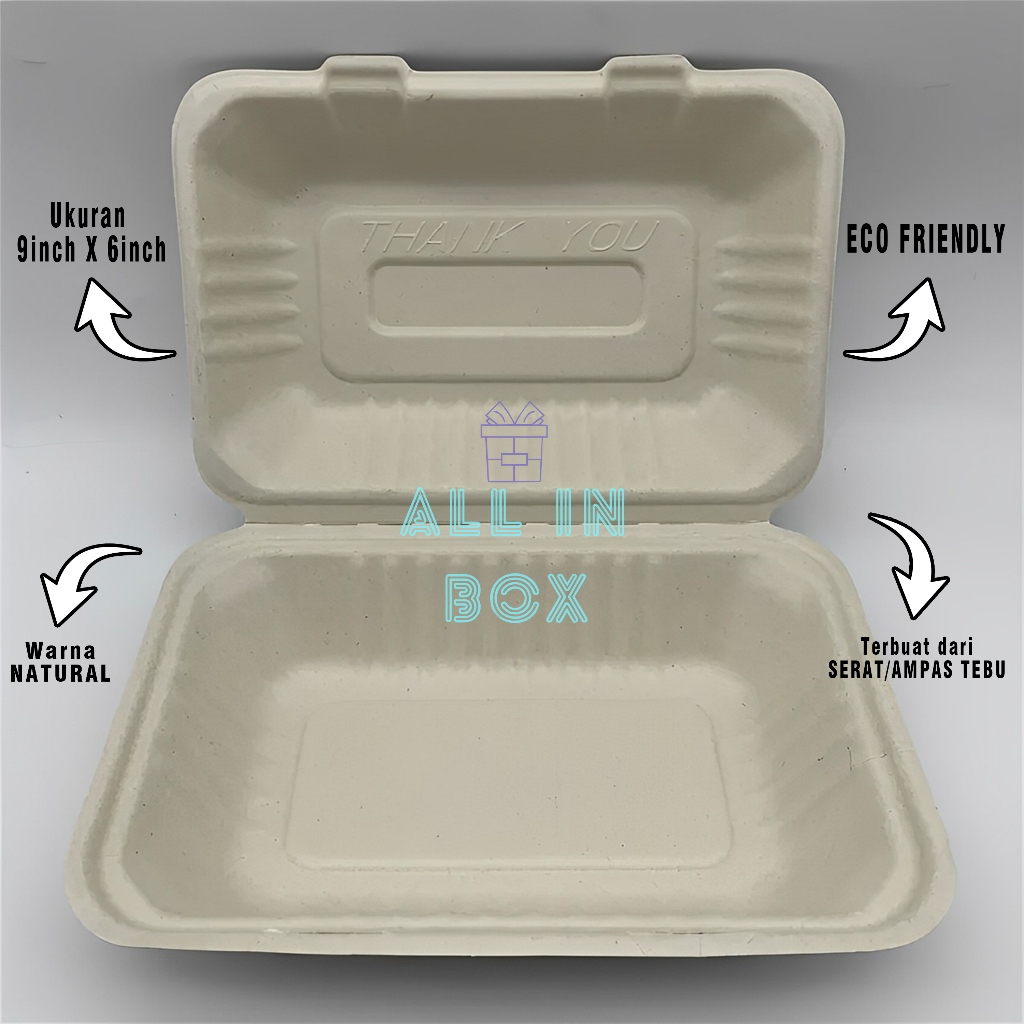 Jual Bagasse Lunch Box 9x6 inch - Food Box warna NATURAL Terbuat dari ...