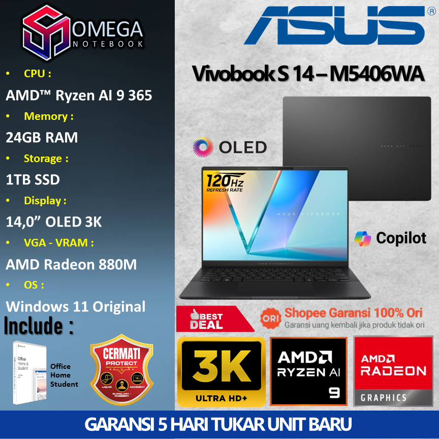 Jual ASUS Vivobook S14 OLED M5406WA Ryzen AI 9 365 24GB 1TB Radeon 880M ...