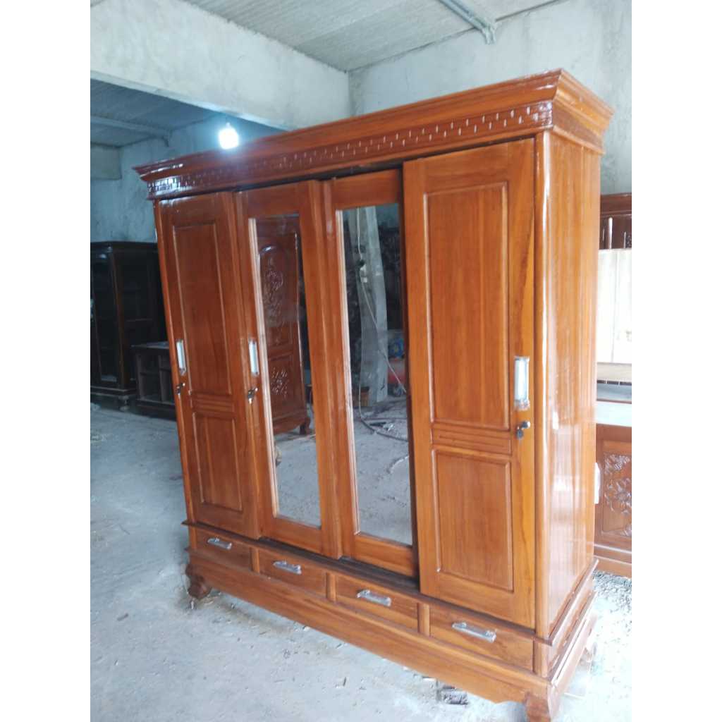 Jual lemari pakaian 4 pintu sliding minimalis full kayu asli jati | Shopee Indonesia