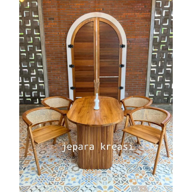 Jual meja makan 4 kursi rotan kayu jati minimalis, set meja makan kayu jati 4 kursi minimalis ...