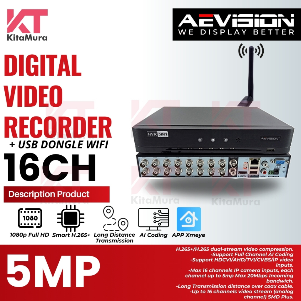 Jual DVR Aevision 5MP 16CH XMEYE, Resolusi 2560P Full HD, Channel 6 IN ...
