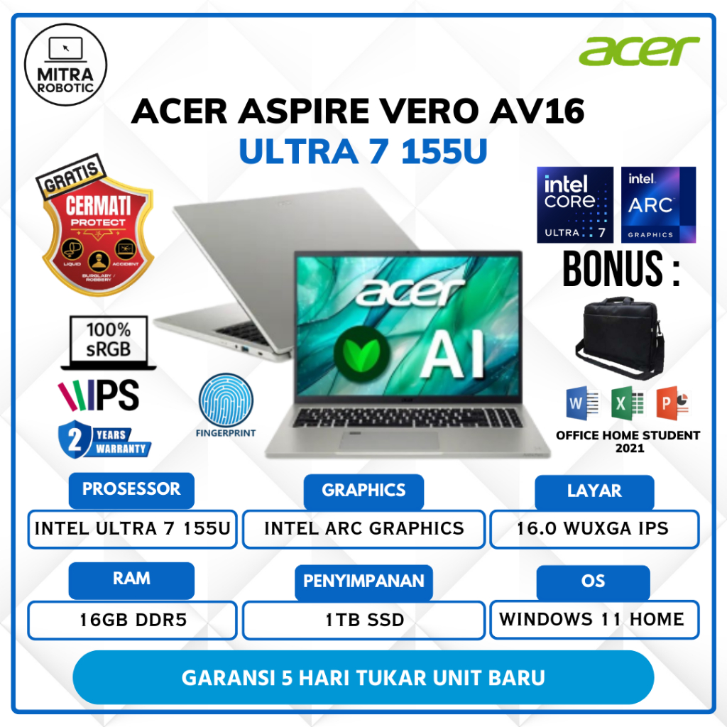 Jual ACER Aspire Vero 16 AV16-51P Ultra 7-155U 16GB 1TB 16" WUXGA sRGB ...