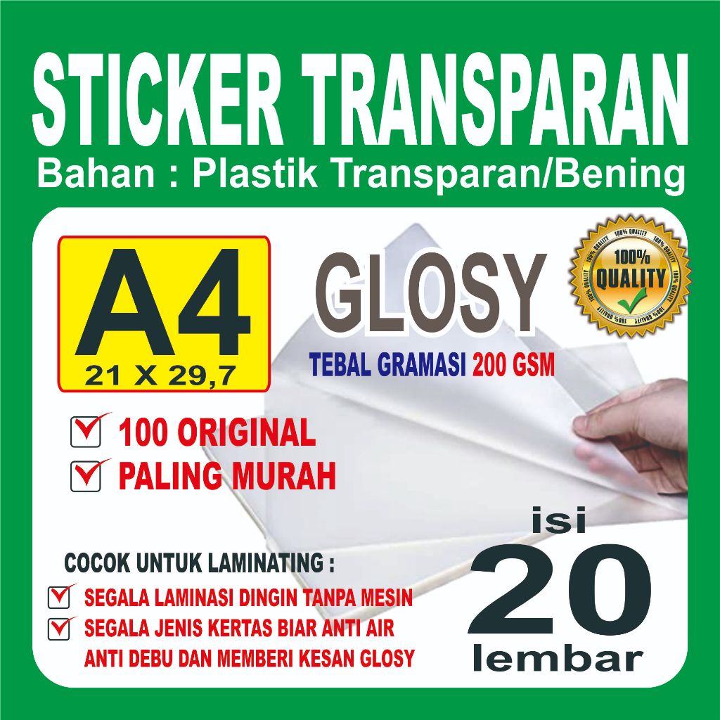 Jual Kertas Stiker Transparan A4 isi 20 lbr / Kertas Sticker ...