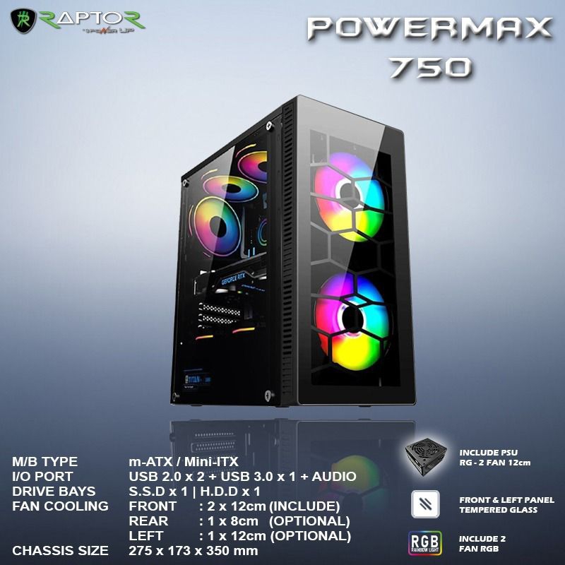 Jual Casing PC Raptor PowerMax 750 Free 2 Fan RGB mATX + PSU 500W ...