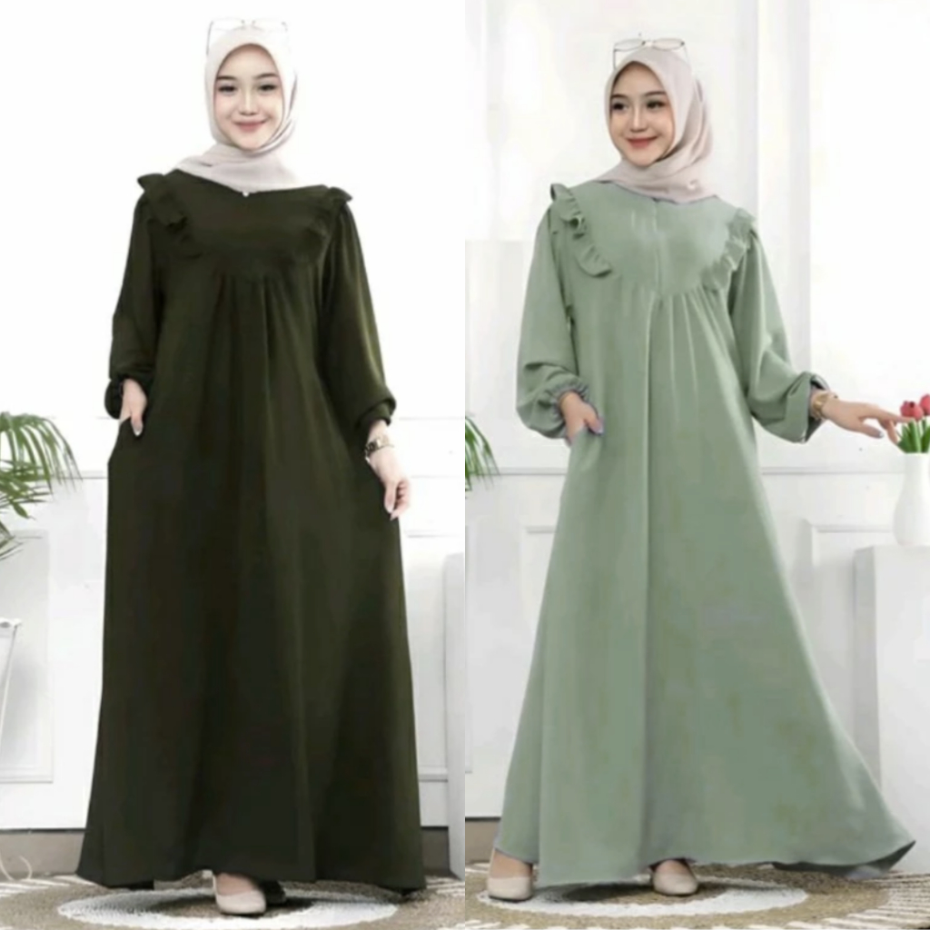 Jual Samira Gamis Cringkle Polos Ruffle | Dress Simple Polos Maxi ...
