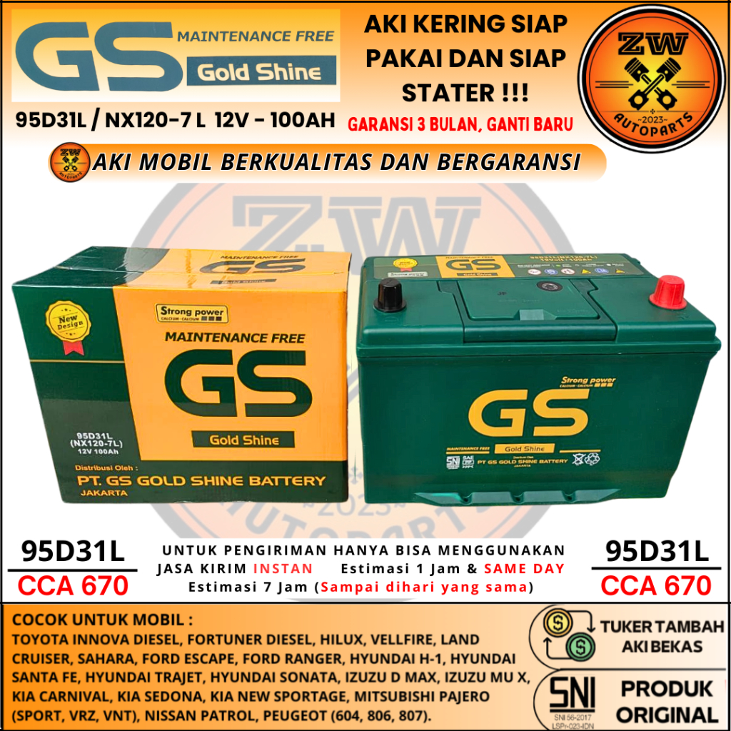 Jual AKI MOBIL MITSUBISHI PAJERO SPORT NX120-7L / 95D31L GS MF 12V 100AH | Shopee Indonesia