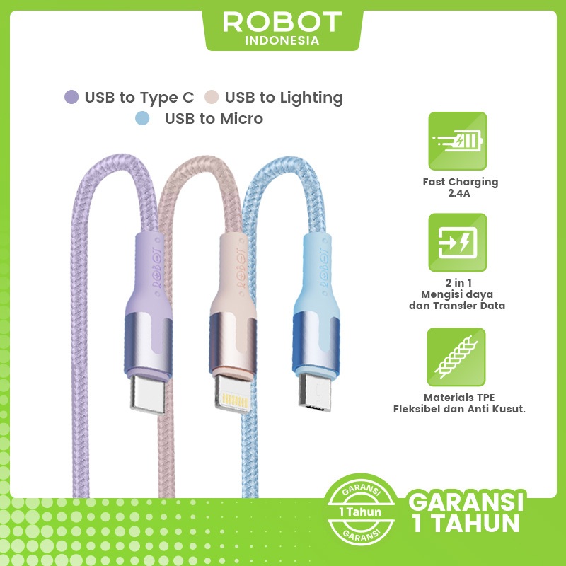 Jual Kabel Data ROBOT Type C Micro USB Lighting Kabel 1 Meter 2.4A Data ...