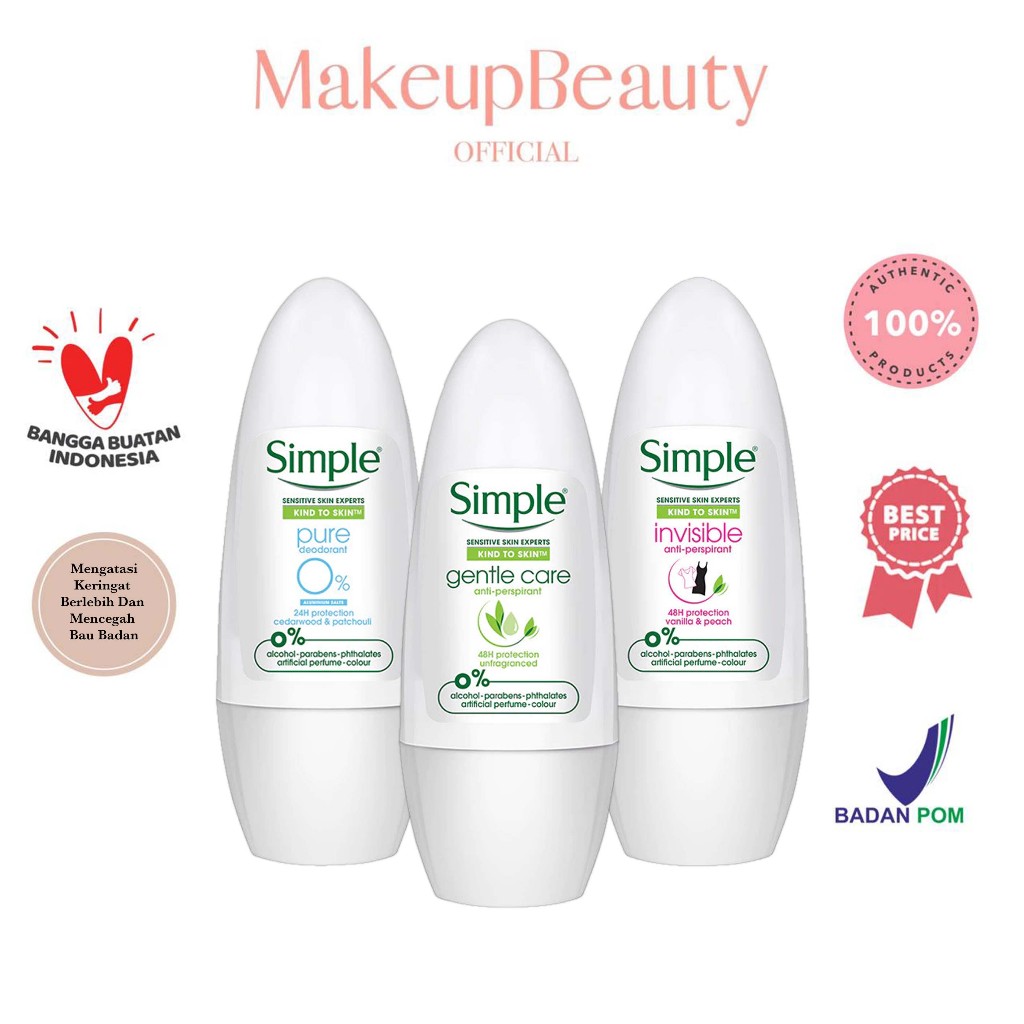 Jual SIMPLE Kind To Skin Invisible | Pure | Gentle Care Deodorant Roll-On 45ml | Shopee Indonesia
