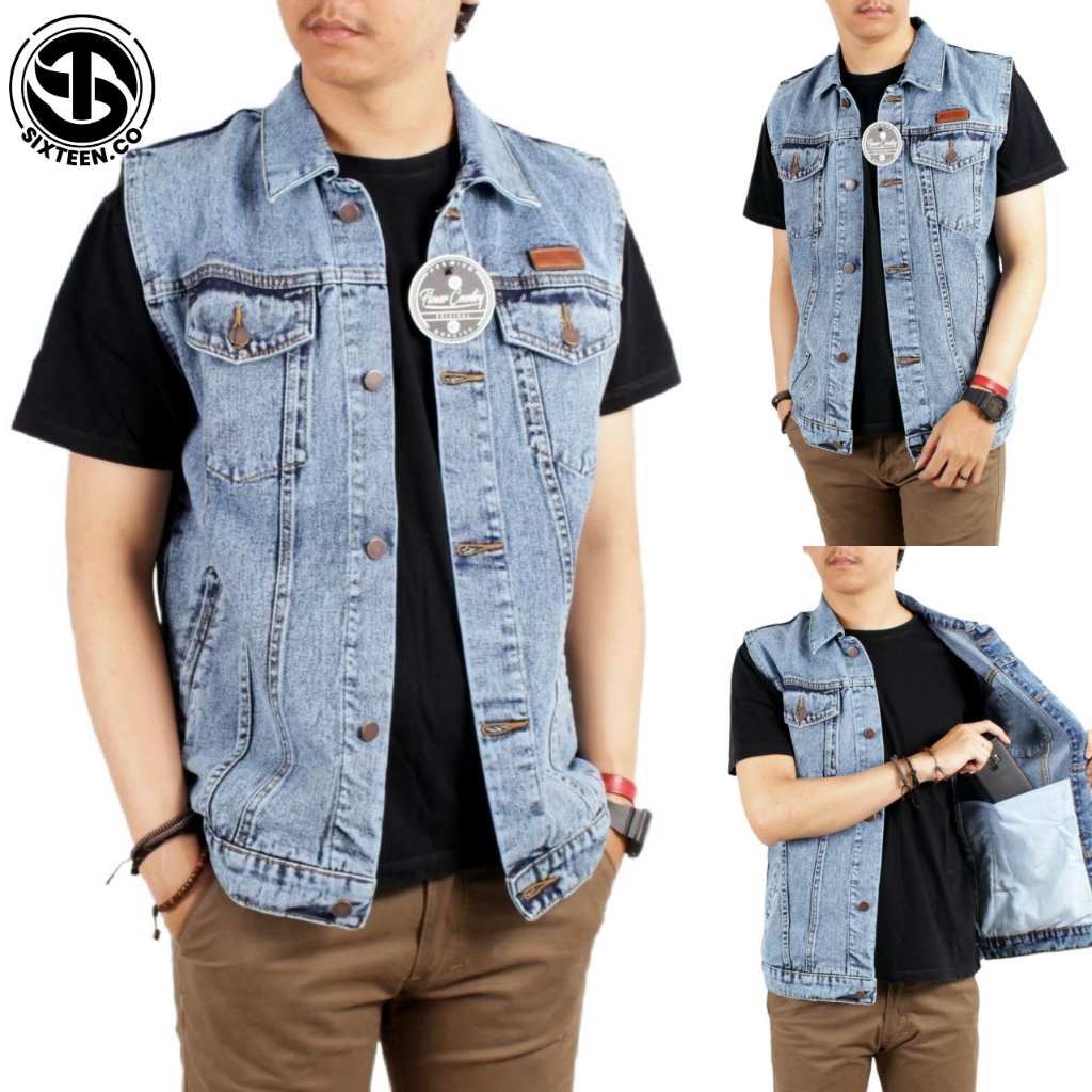Jual SIXTEEN - Rompi Jeans Pria Sandwash Lekmong / Jaket Rompi Kerah ...