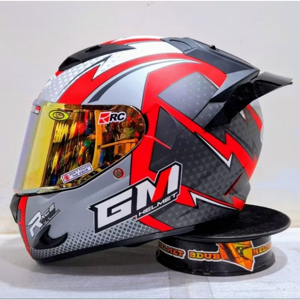 Jual Helm Gm Race Pro flat visor iridium red silver - helm full face Gm ...