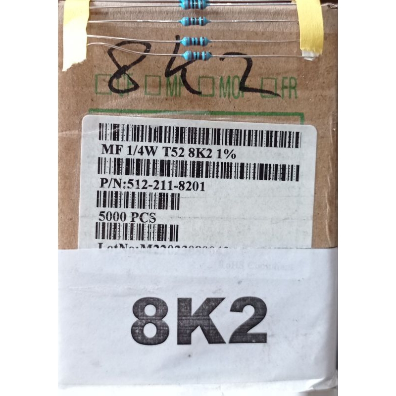 Jual Resistor Metal 8K2 1/4Watt MF 1/4W T52-8K2-1% Resistor Taiwan ...