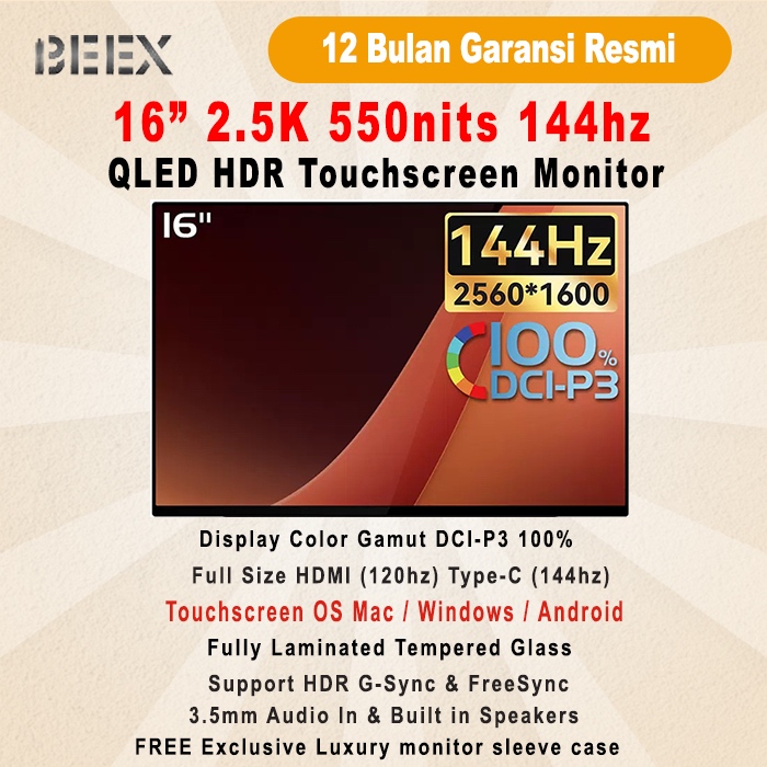 Jual Portable Monitor BeeX Touchscreen QLED 16" 2.5K 144Hz Ultra-Thin ...