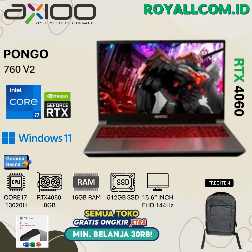 Jual AXIOO PONGO 760 V2 I7 13620H RTX4060 8GB/ 16GB 512GB W11 | Shopee ...