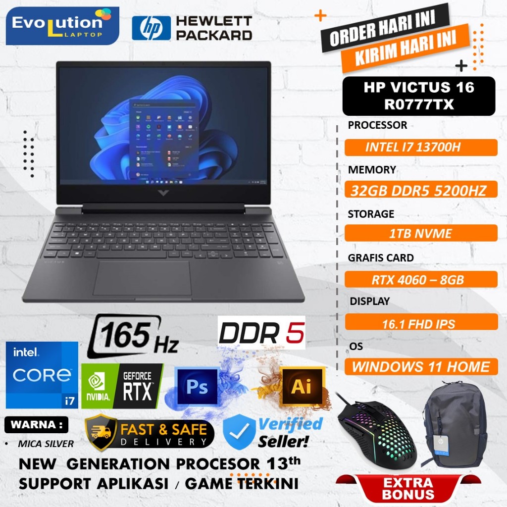 Jual Laptop Gaming HP Victus 16 R0777TX Intel I7 13700H RAM 32GB DDR5 ...