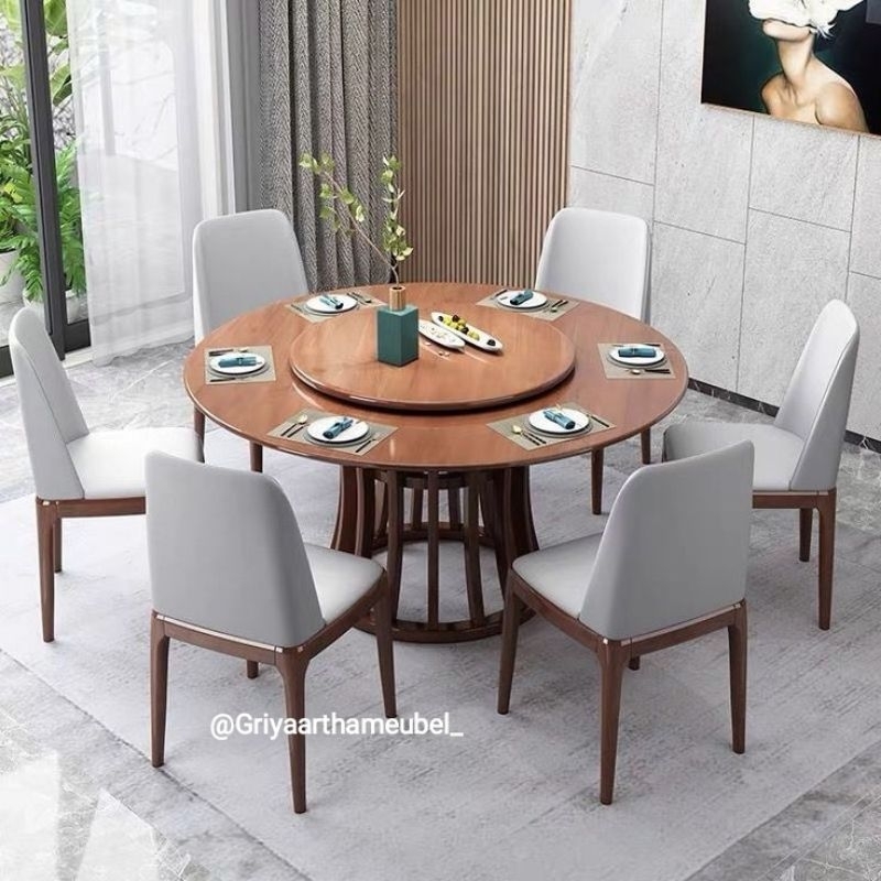 Jual Meja makan bundar kayu jati model putar set 6 kursi | Shopee Indonesia