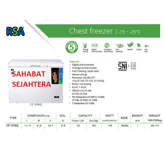Jual RSA Chest Freezer CF-310Q Freezer Box Kapasitas 318 Liter | Shopee ...