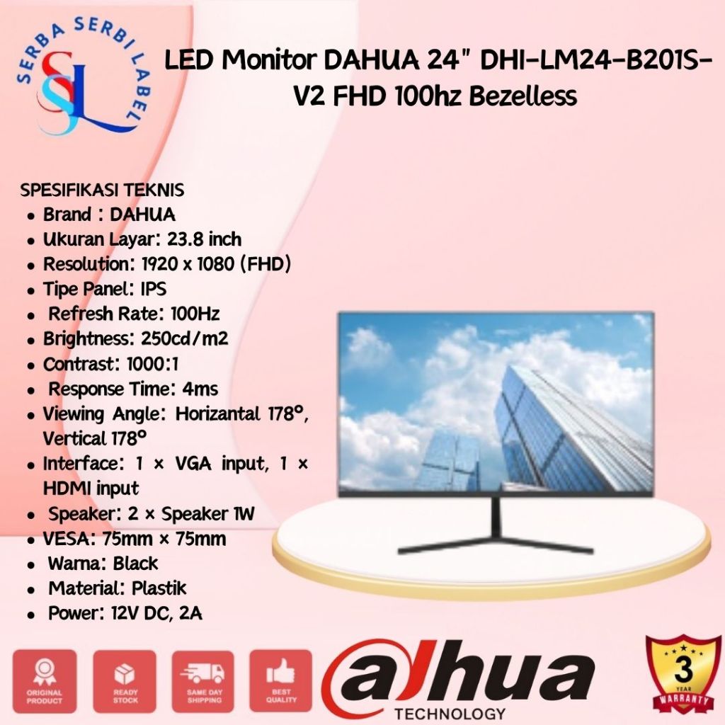 Jual LED Monitor DAHUA 24" DHI-LM24-B201S -V2 FHD 100hz Bezelless | Shopee Indonesia