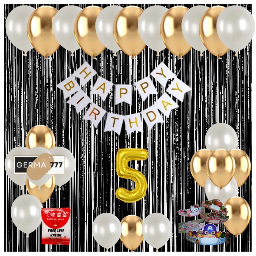 Jual Paket Set Dekorasi Pesta Ulang Tahun Anak Balon Gold Putih Banner ...