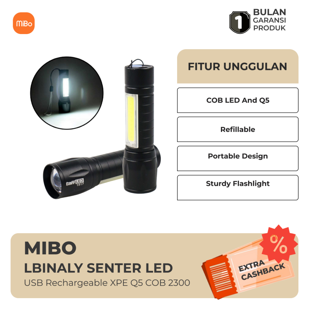 Jual Mibo lbinaly Senter LED USB Rechargeable XPE Q5 COB 2300 Lumens ...