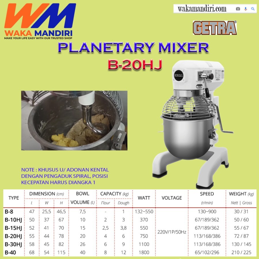 Jual Planetary Mixer Getra 20 Liter Type B20HJ / B-20 HJ / B20-HJ ...