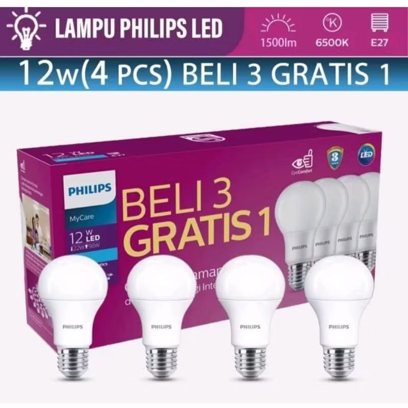 Jual Lampu Philips Led MultiPack MyCare 12Watt lampu bohlam led 6500K Led Bulb Putih Beli 3 ...