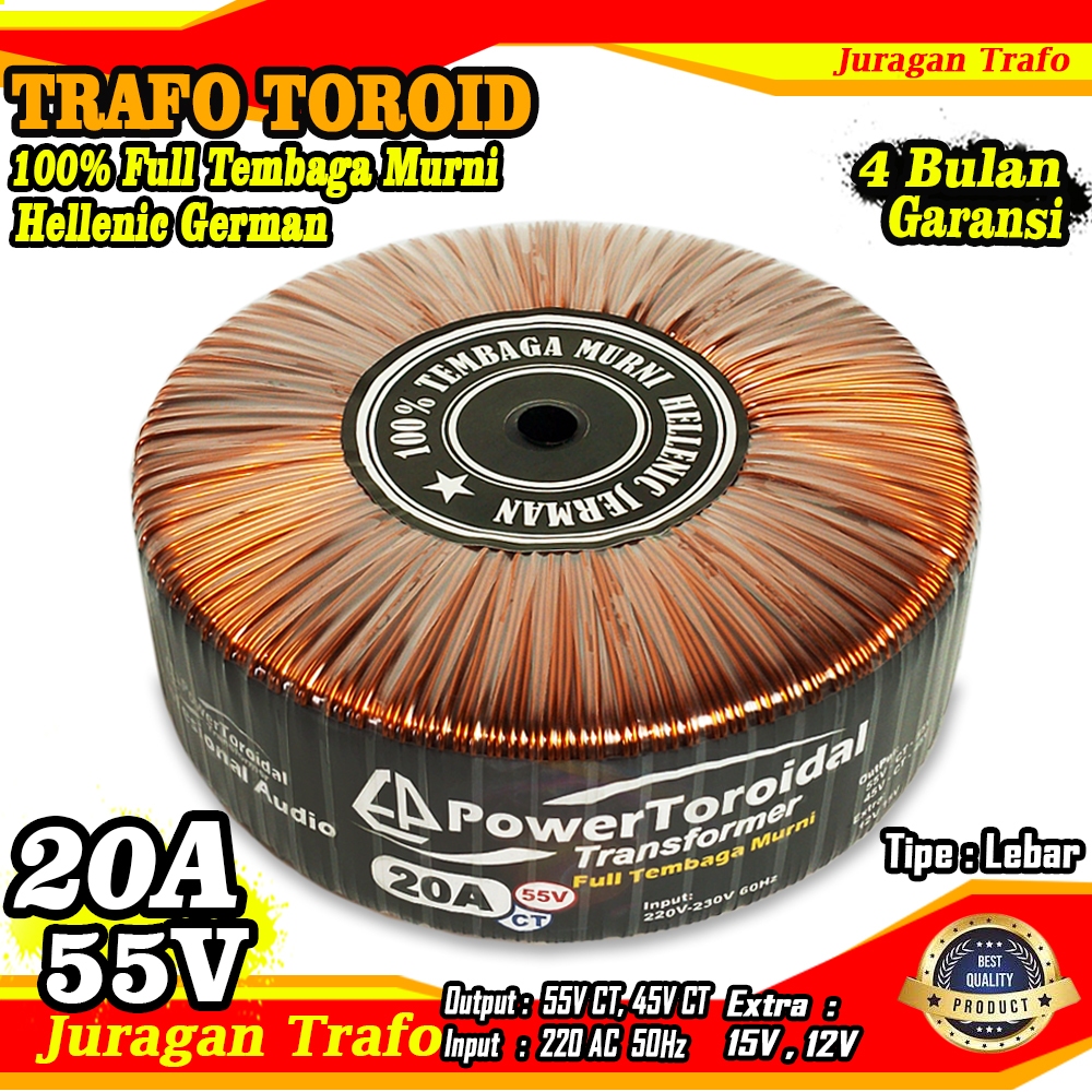 Jual Trafo Toroid Powertoroidal 20A (MURNI) 55V CT 45V CT Tipe LEBAR Original Full Tembaga Murni ...