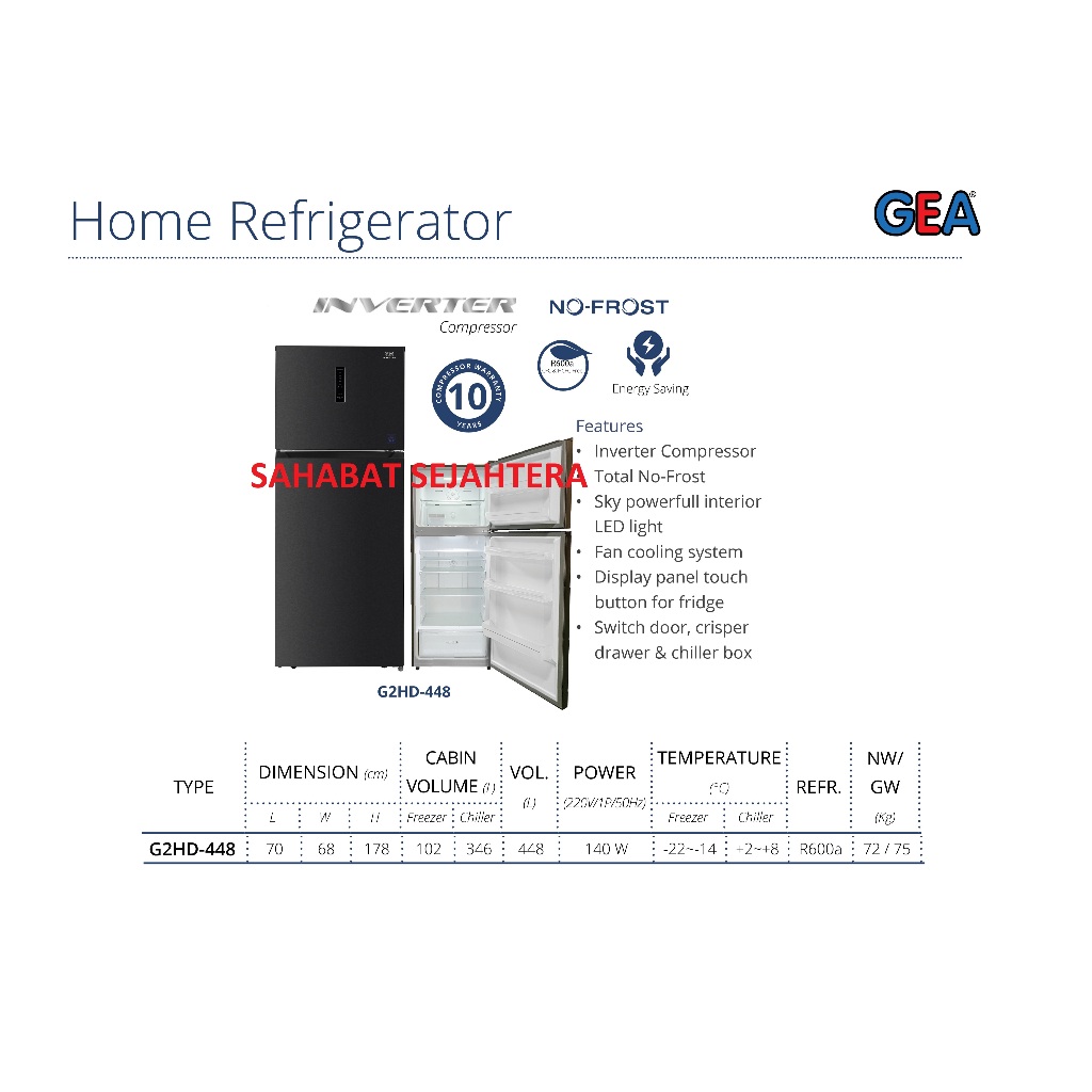 Jual GEA Home Refrigerant G2HD-448 Kulkas 2 Pintu Menyamping | Shopee ...