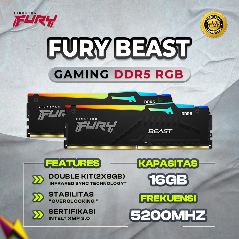 Jual Kingston FURY Beast RGB DDR5 Gaming RAM 5200MHz 16GB (8GBx2)support Intel® XMP3.0 ...