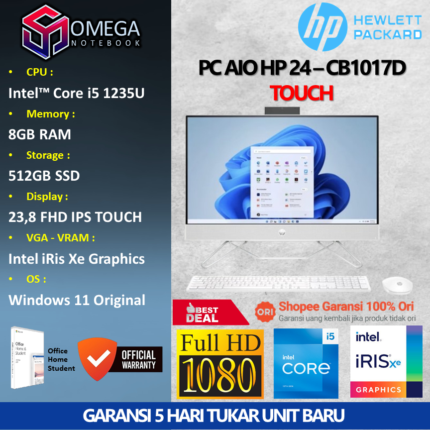 Jual PC AIO HP 24-CB1017D TOUCH i5 1235 8GB 512GB iRis Xe 23,8" FHD ...