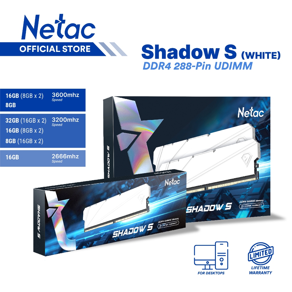 Jual Netac PC RAM Shadow S DDR4 White 2666MHz/3200MHz/3600MHz 8GB/16GB ...