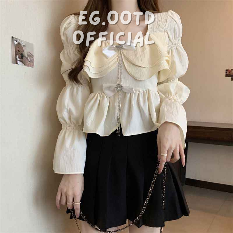 Jual [EG.ootd] - 074 French Ruffle Square Neck Bow Shirt Women's New ...