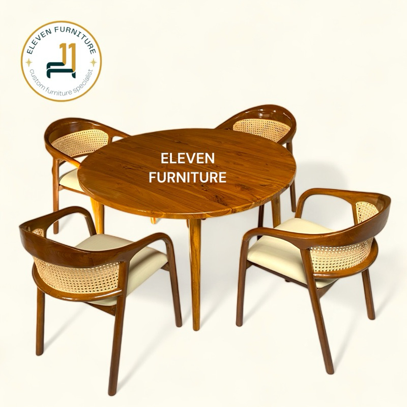 Jual SET MEJA MAKAN 4 KURSI SELLY bulat ROTAN kayu jati solid cafe resto minimalis retro korean ...
