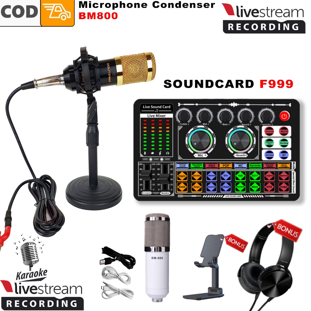 Jual Paket Microphone Condenser BM800 Plus Soundcard F999,F998,V8 Free ...
