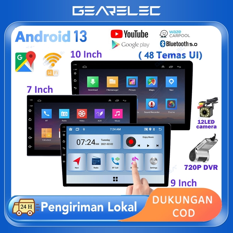 Jual GEARELEC Car Radio 7/9/10 Inci Mobil Navigasi 4G+64G Android13 Head Unit with 48 tema IPS ...