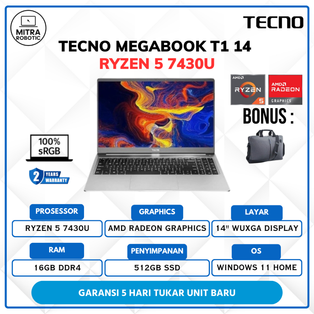 Jual Tecno Megabook T1 14 Amd Ryzen 5 7430U Ram 16gb SSD 512gb 14.0 " WUXGA 100% sRGB Silver ...