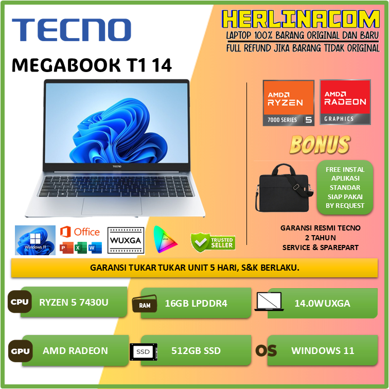 Jual TECNO MEGABOOK T1 14 RYZEN 5 7430U 16GB 512GB SSD WINDOWS 11 14.0WUXGA 100SRGB | Shopee ...